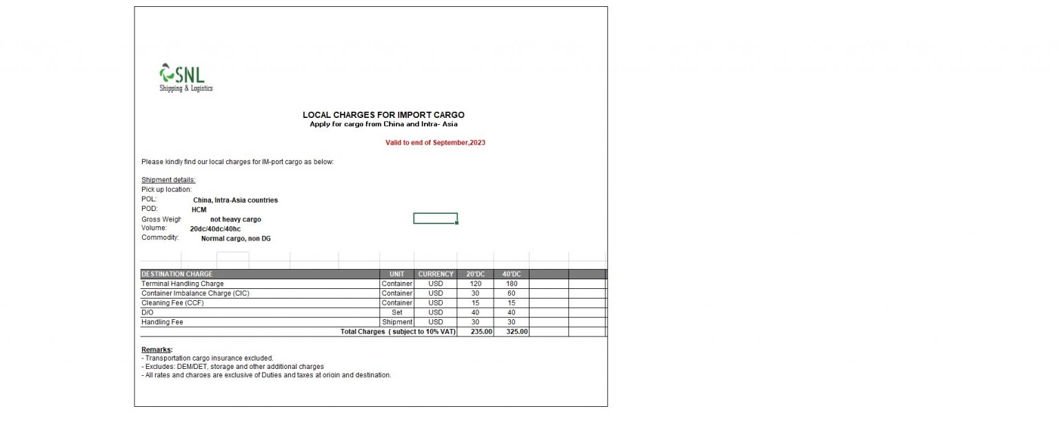 Local charges for import cargo from China and Intra- Asia - SNL Logistics